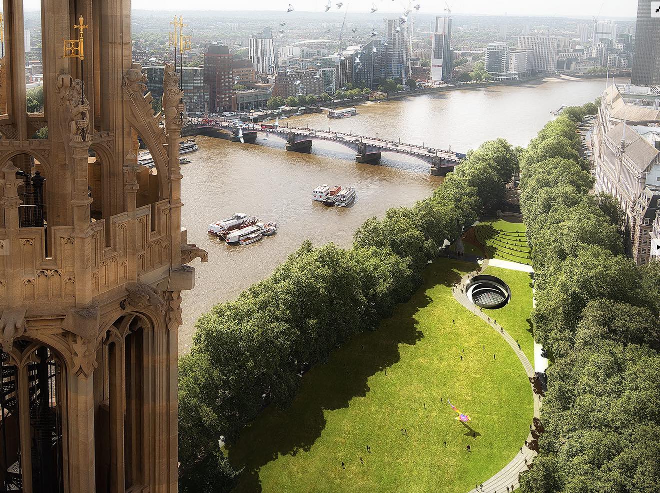 Aerial view of scheme in Victoria Tower Gardens, image via Diamond ...